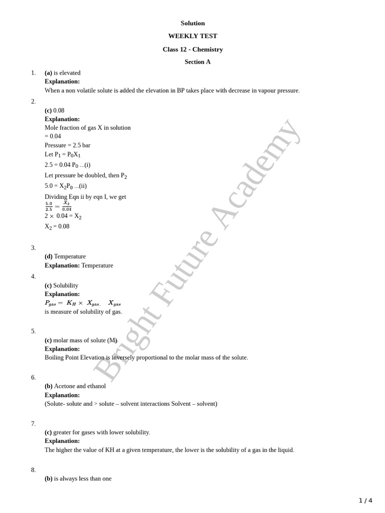 Class 12 Chemistry Weekly Test Solutions | PDF | Solubility | Mole (Unit)
