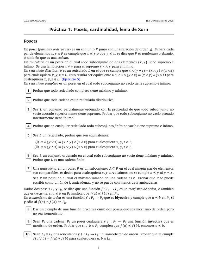 Práctica 1 - Posets, Cardinalidad Lema de Zorn | PDF | Base (álgebra lineal) | Función (Matemáticas)