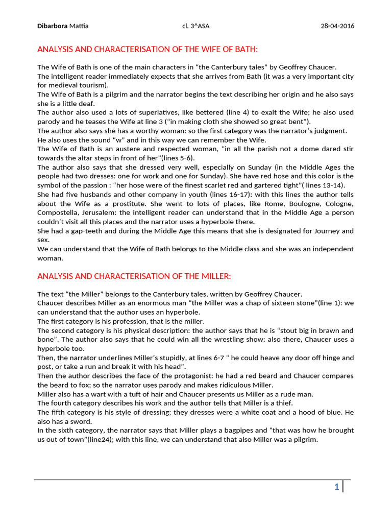 Characterization of the Wife of Bath | PDF | The Canterbury Tales ...