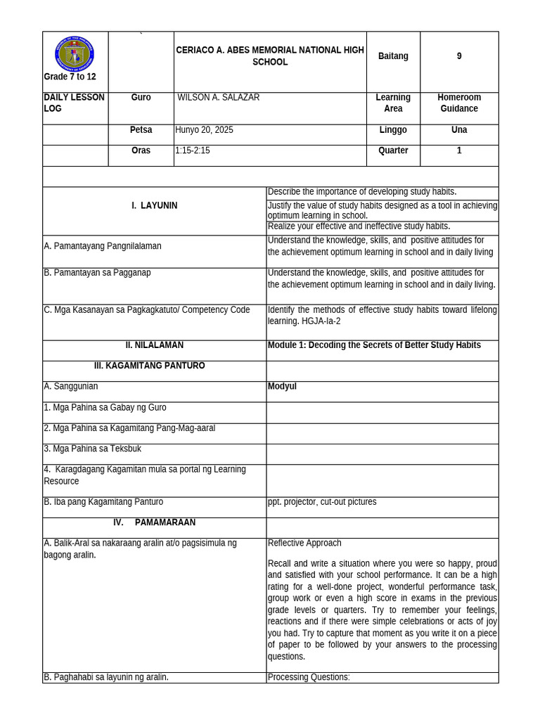 Grade-10 HGP LP W1 - 06-20, 2025 | PDF | Learning | Mind