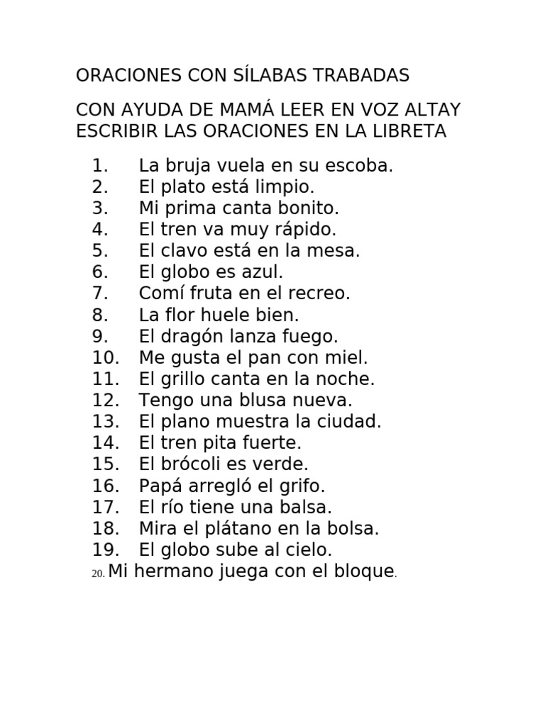 20 Oraciones con Sílabas Trabadas | PDF