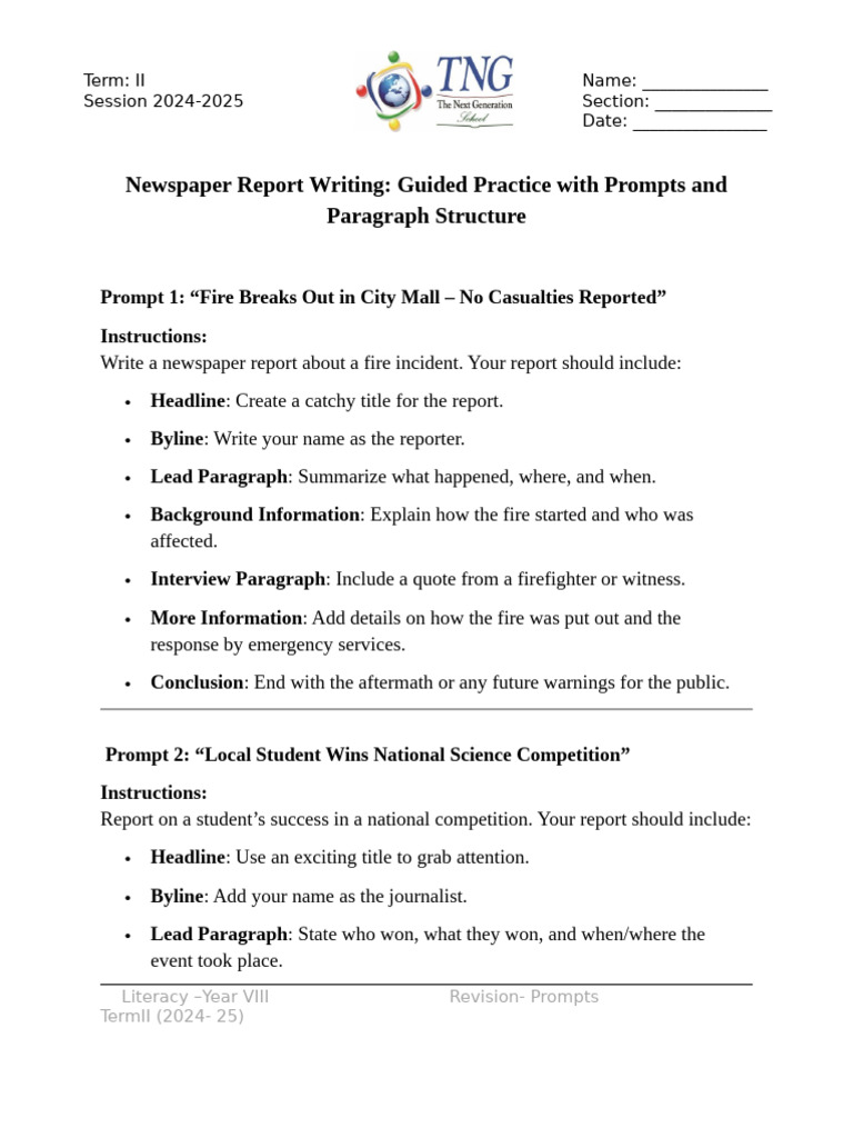 REVISION Prompts For Newspaper Report Writing | PDF