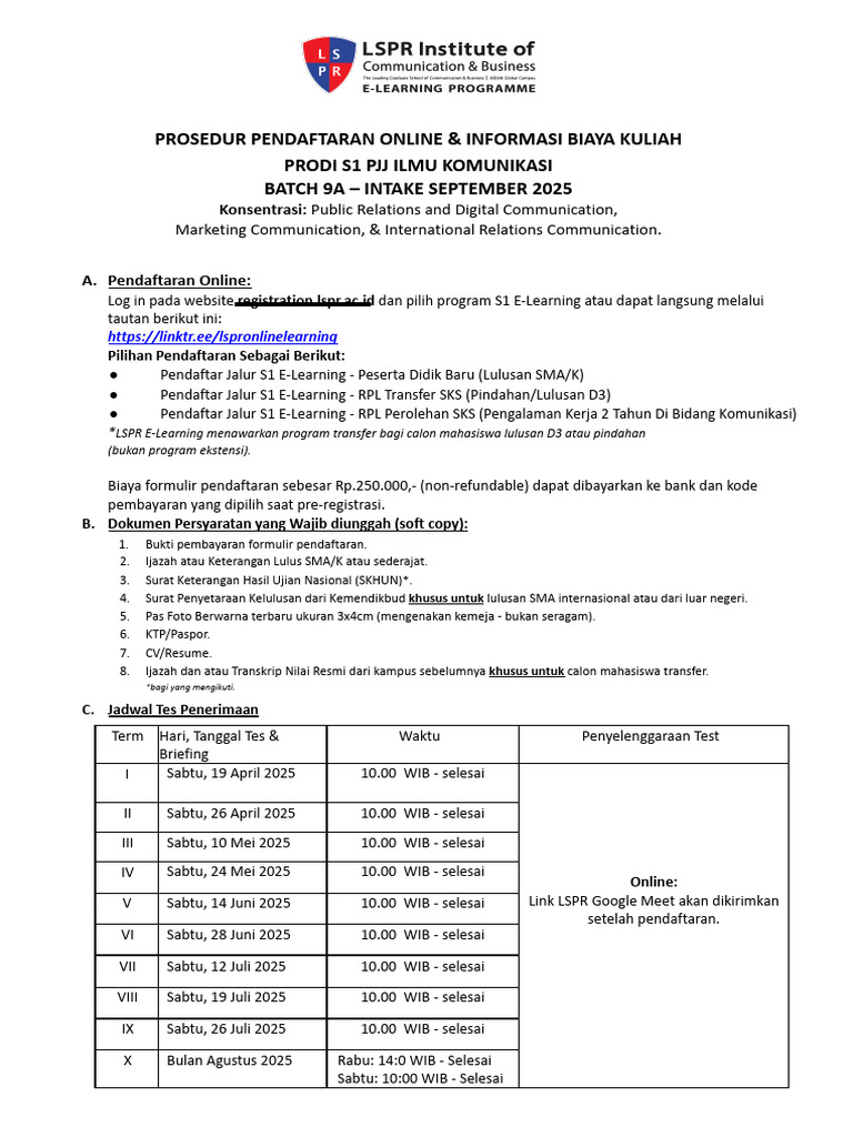 Registration & (PROMO) Tutition Fee S1 LSPR E-Learning Batch 9A - Bahasa | PDF