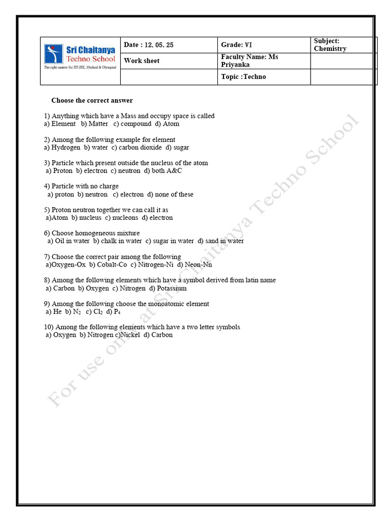 Grade 6 Chemistry Worksheet on Atoms | PDF
