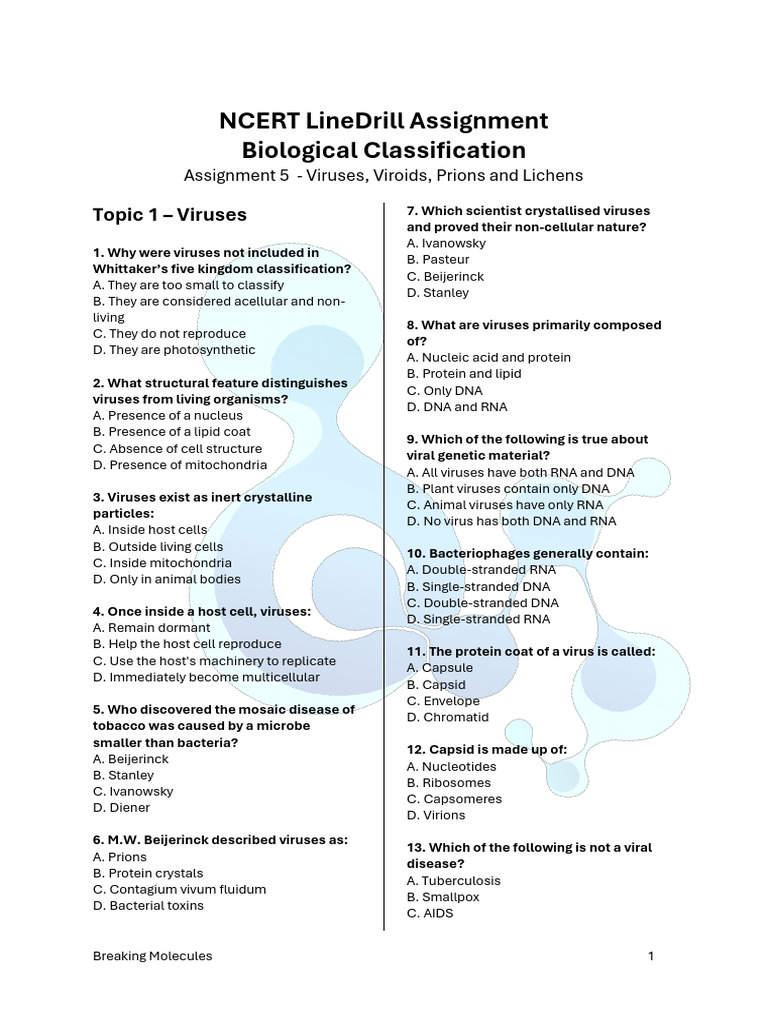NCERT LineDrill Assignment 5 - Biological Classification | PDF | Virus | Dna