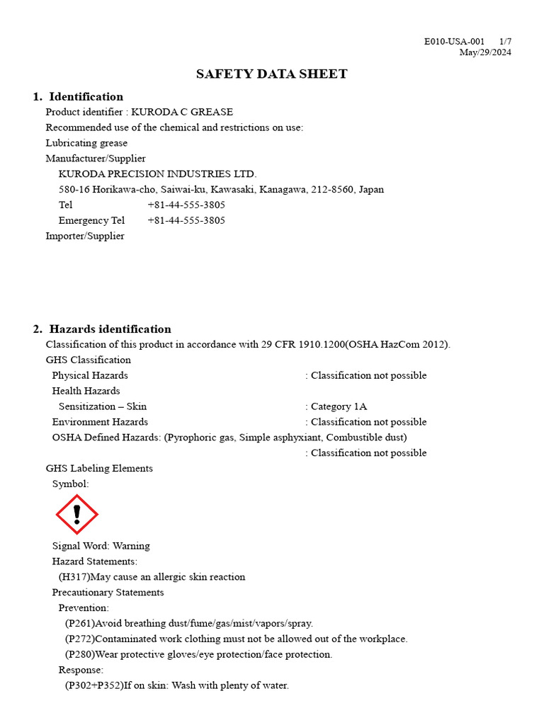 Kuroda C Grease Safety Data Sheet | PDF | Toxicity | Dangerous Goods