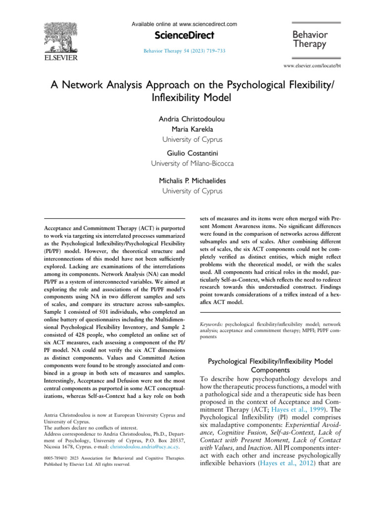 U. A Network Analysis Approach On The Psychological Flexibility ...