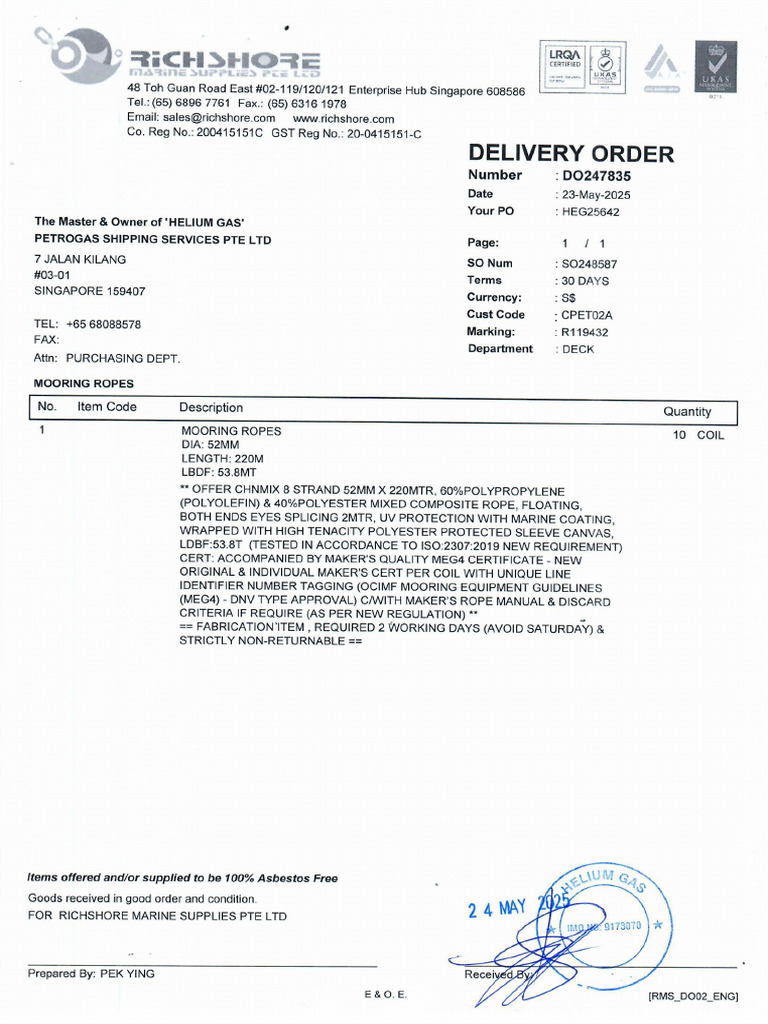 Heg25642 Mooring Ropes at Singapore Received 24-05-2025 | PDF