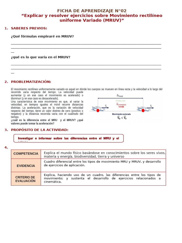 Ficha de Aprendizaje N°02 - 5to Grado | PDF | Aceleración | Velocidad