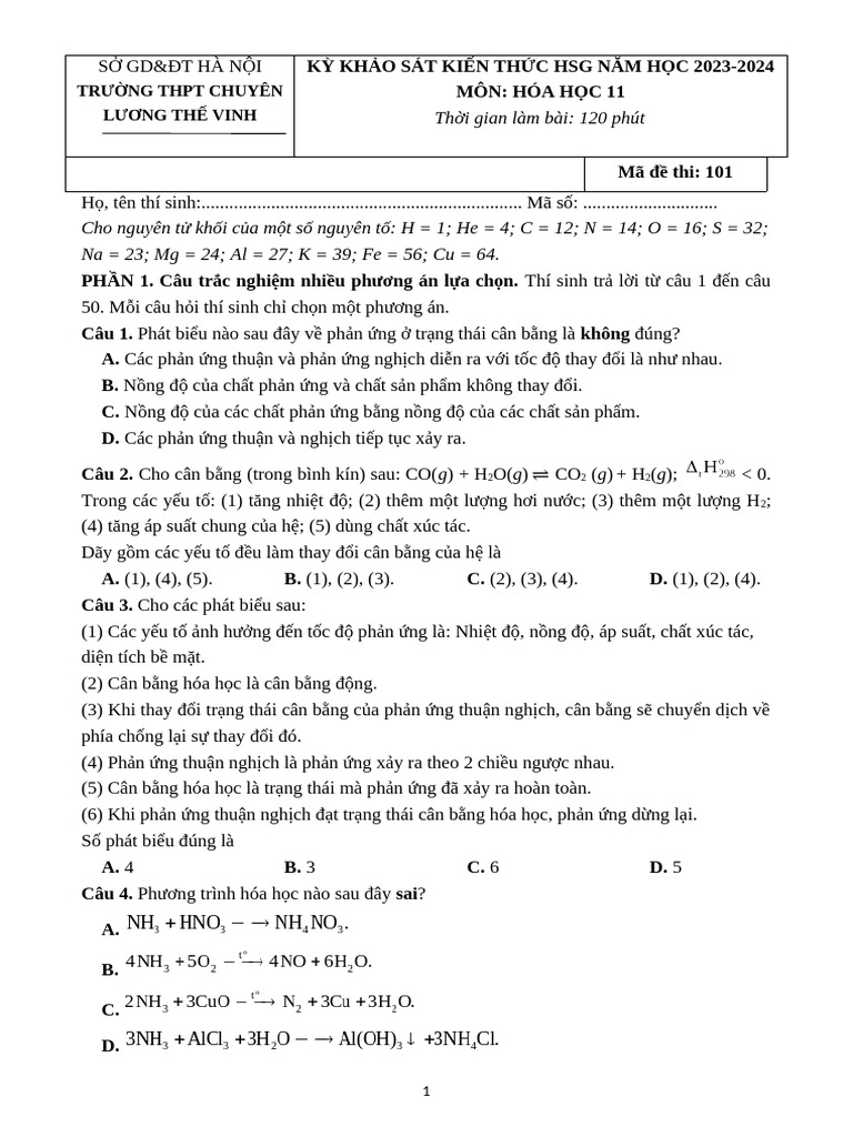 14. Đề HSG 11 - 2023 - 2024 | PDF