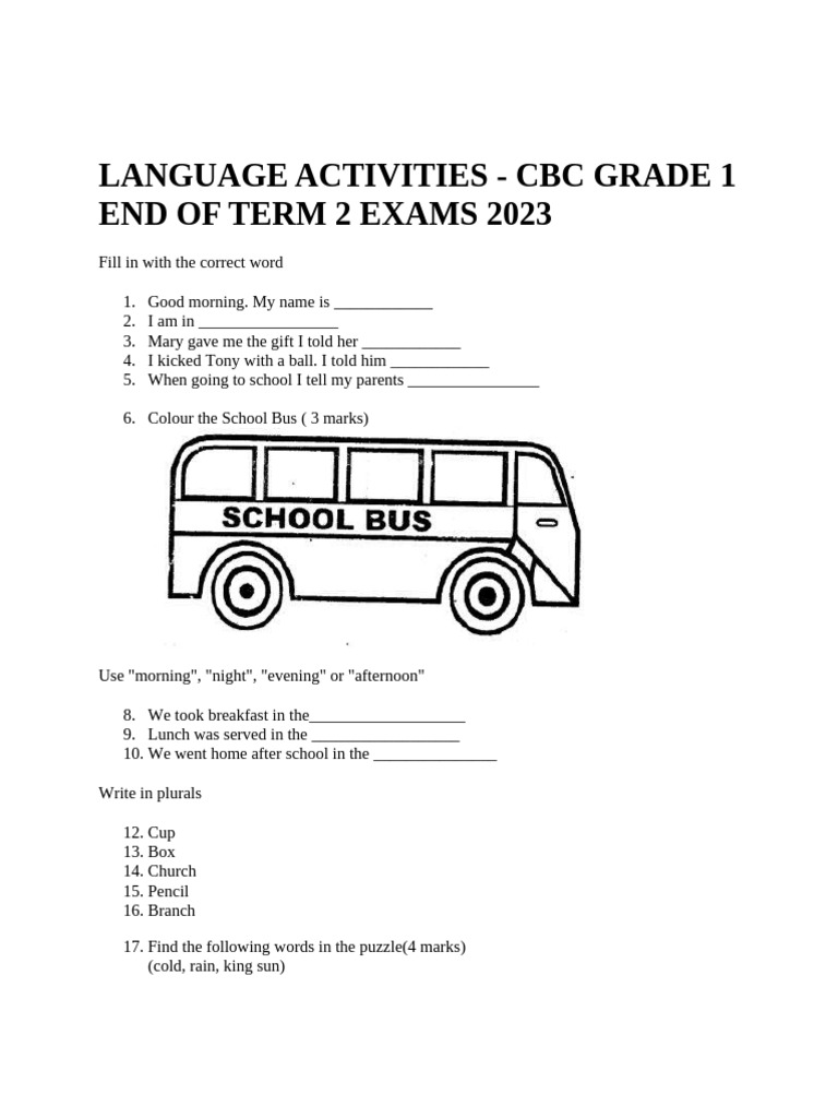 Grade 1 Language Activities Exam | PDF