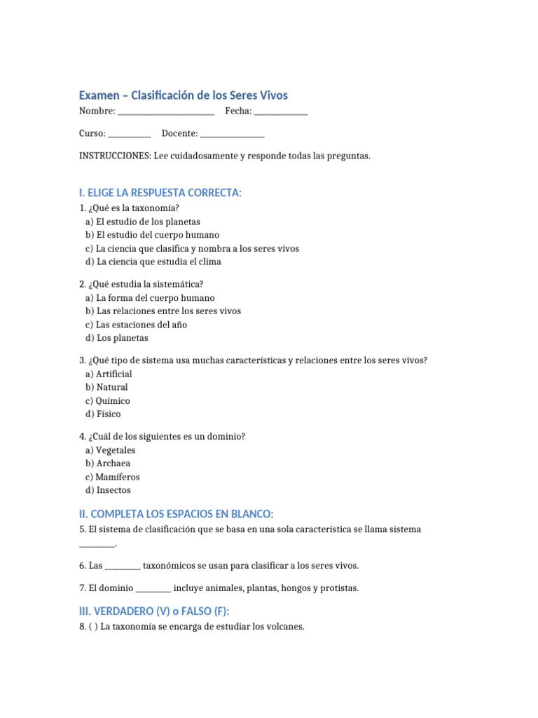 Examen sobre Clasificación de Seres Vivos | PDF
