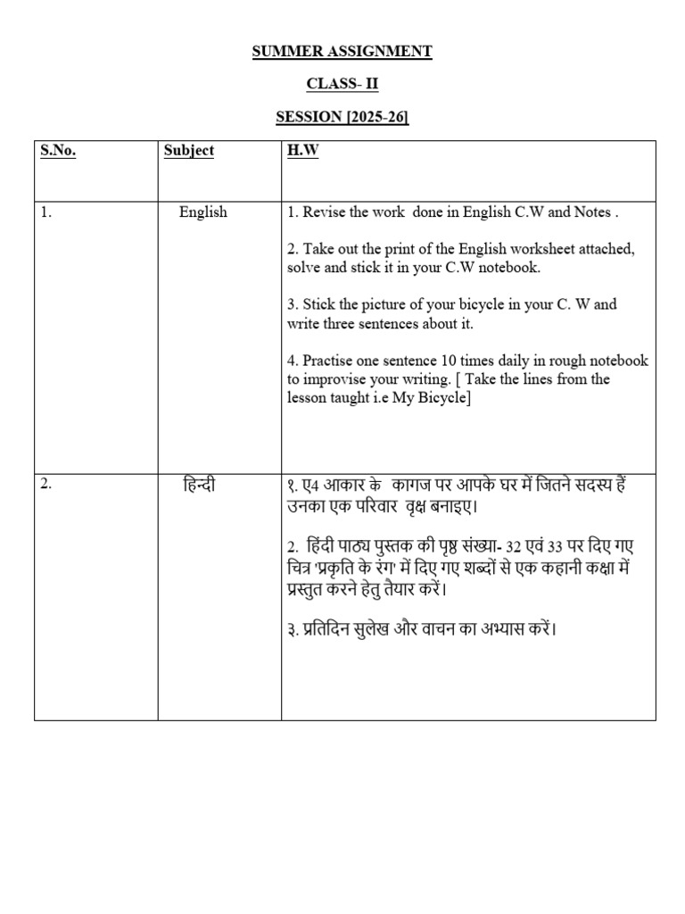 Class 2 Summer Assignment Guide | PDF