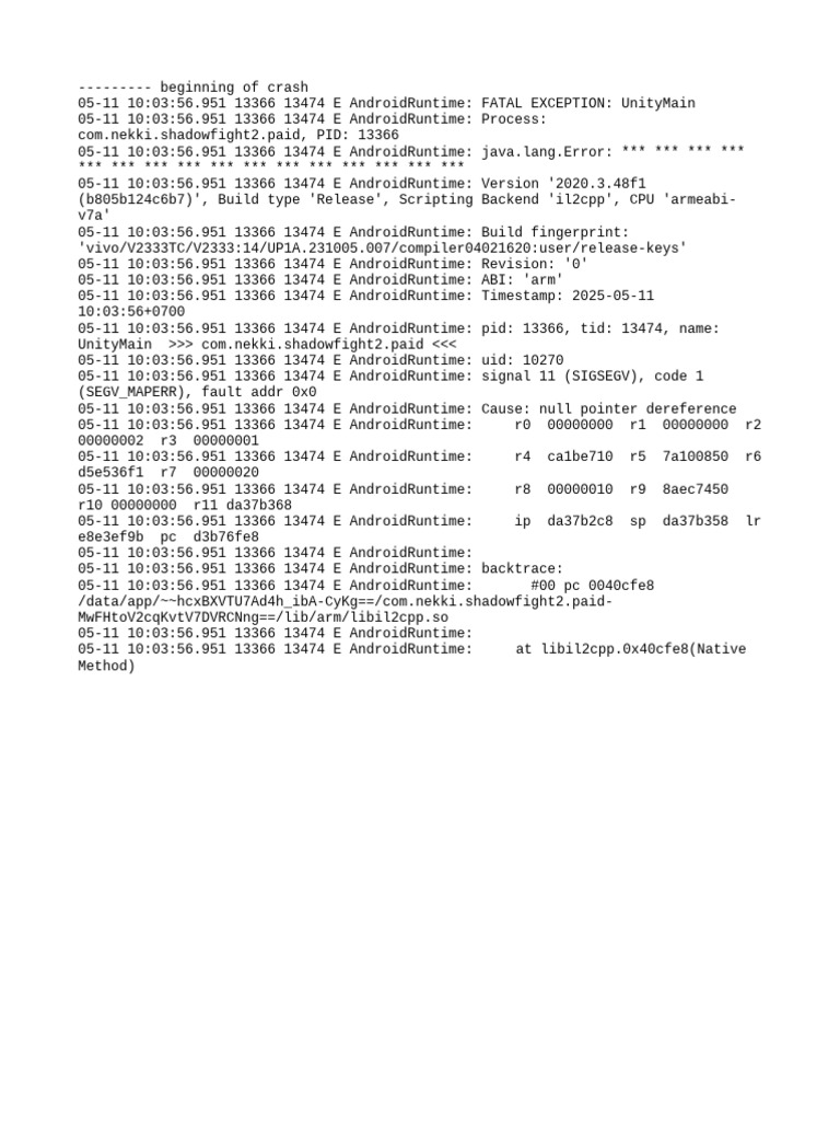 Unity Crash Log for Shadow Fight 2 | PDF
