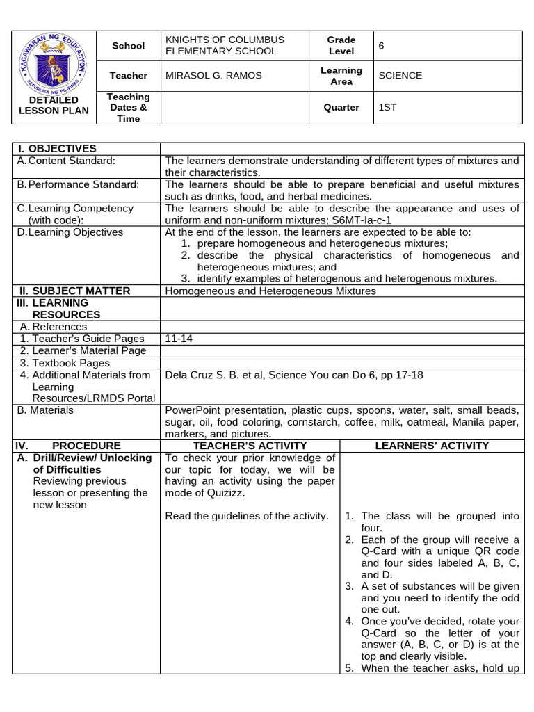 Detailed Lesson Plan 30 Mins. | PDF | Mixture | Homogeneity And Heterogeneity
