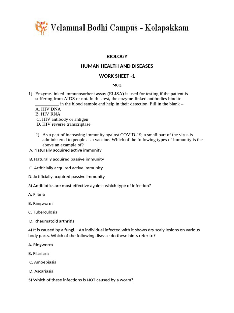 Human Health and Diseases Work Sheet | PDF | Immune System | Infection