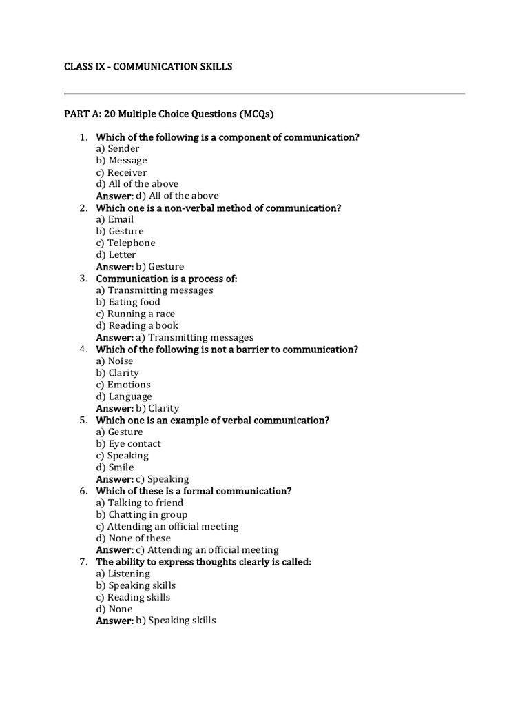 Class IX Communication Skills MCQs | PDF | Communication | Nonverbal ...