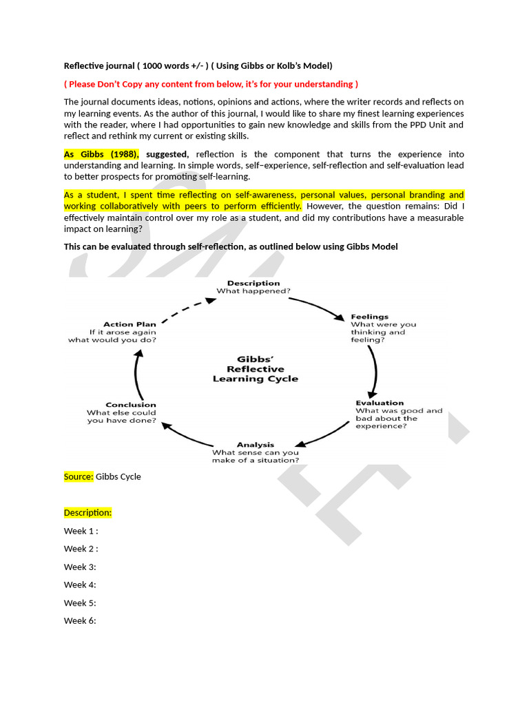 Reflective Journal Template Using Gibbs | PDF
