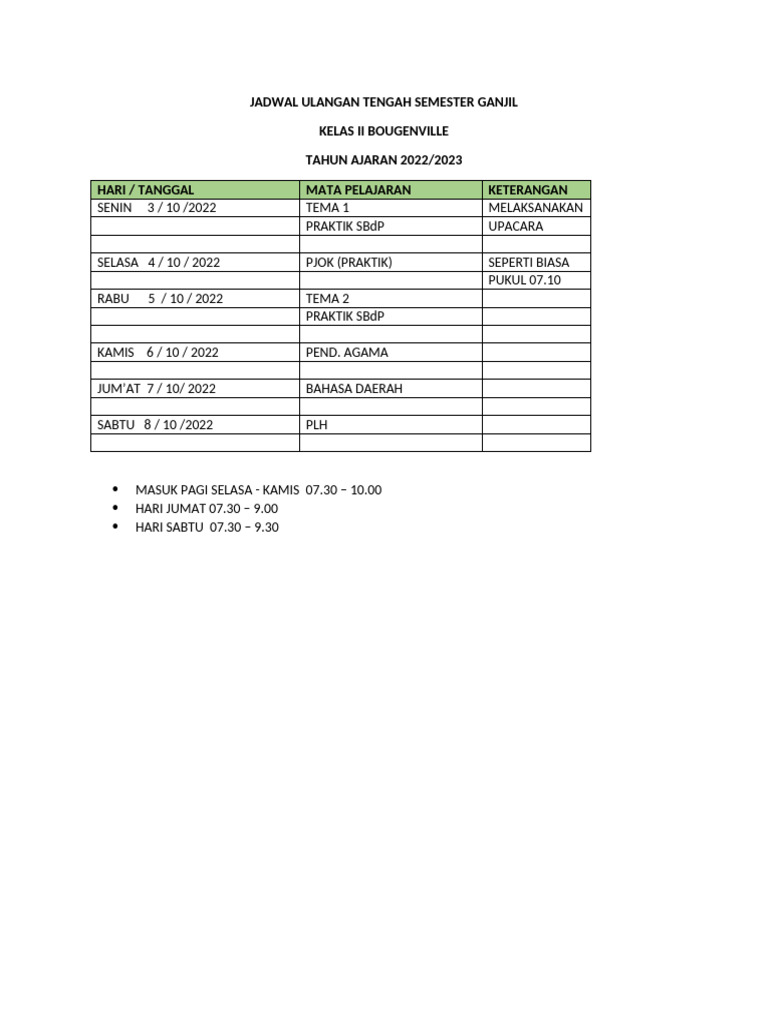 Jadwal Uts Ganjil Kls2 | PDF