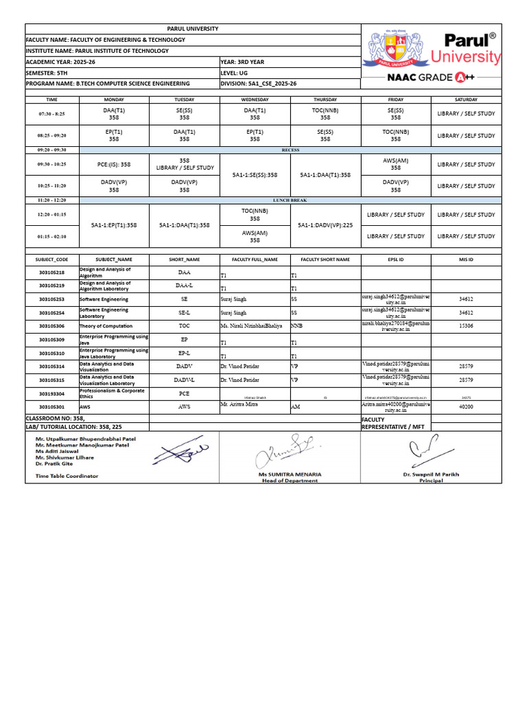 5th Semester Class TT 2025-26 - Google Sheets | PDF | Computer Science | Computing