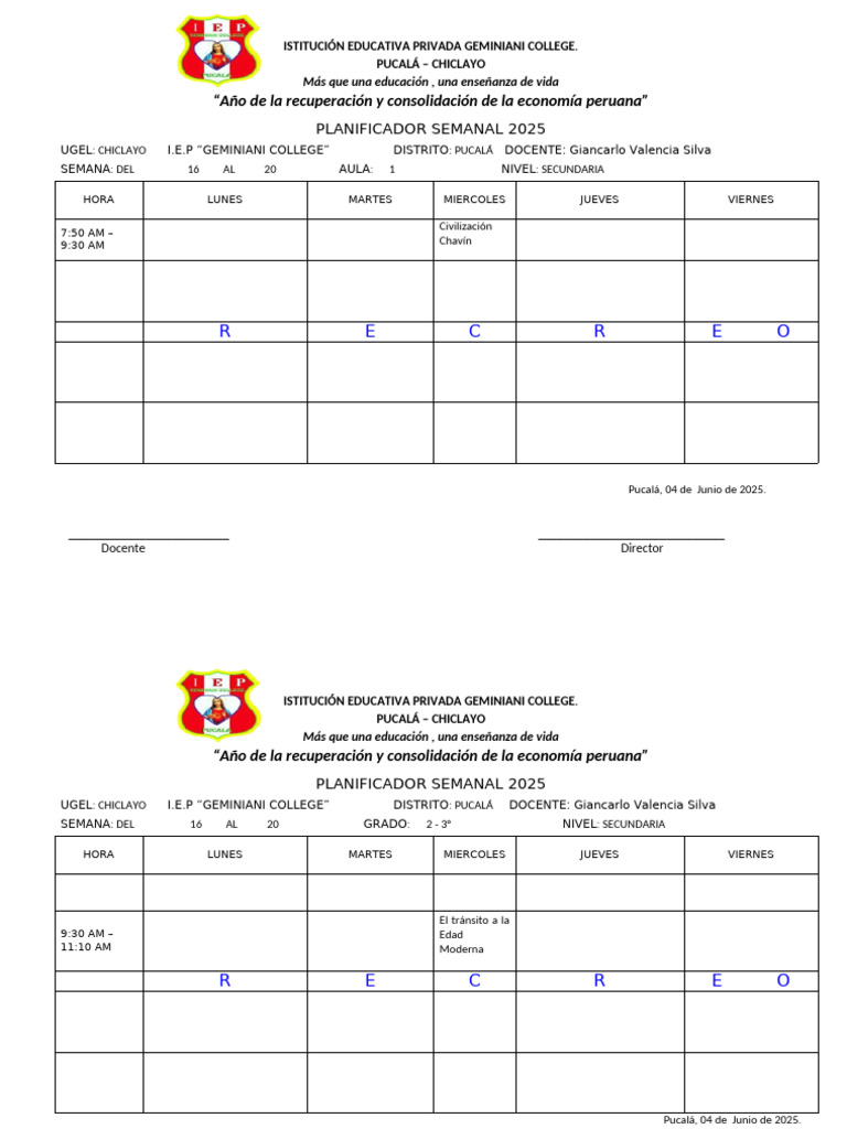 Planificador Semanal 2025 Geminiani College | PDF