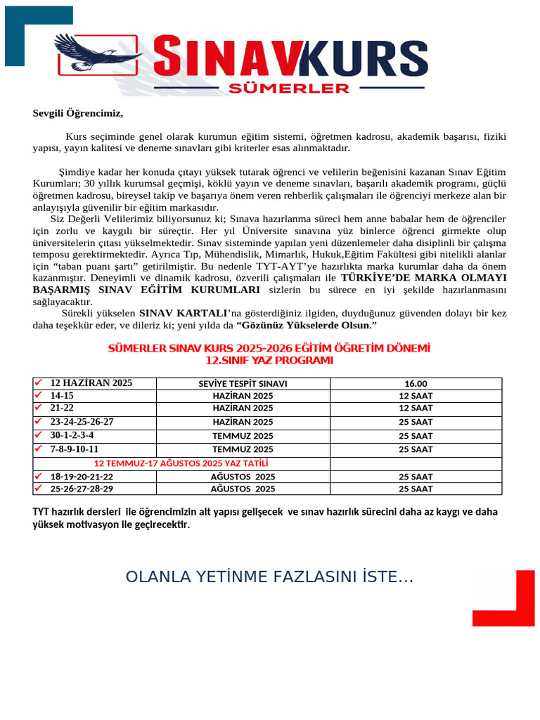 12.sinif Yaz Programi Ogrenci 1 | PDF