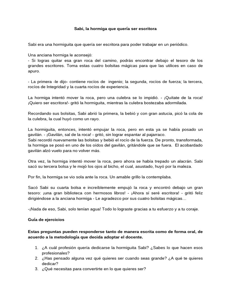 26 Mayo Lectura Sabi La Hormiga Que Quería Ser Escritora Pdf