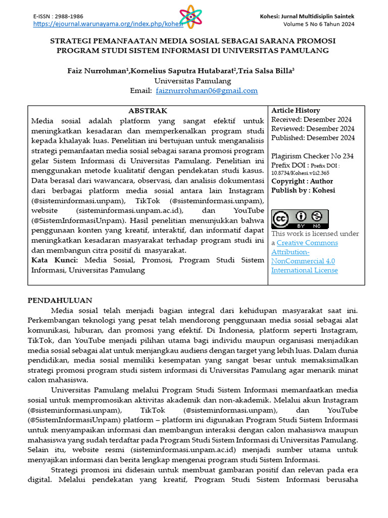 Strategi Pemanfaatan Media Sosial Sebagai Sarana Promosi Program Studi Sistem Informasi Di ...