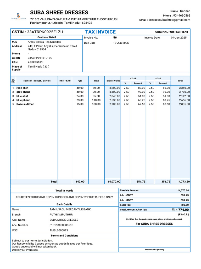 Invoice 56 Arasu Silks Readymades Marimuthu Elavarasan 07-51-5 | PDF | Government Finances ...