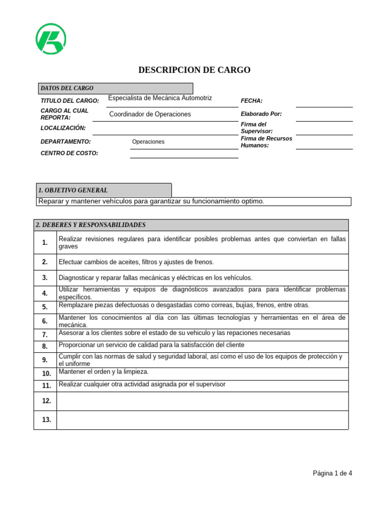 Descripcion de Cargo Especialista de Mecanica Automotriz | PDF