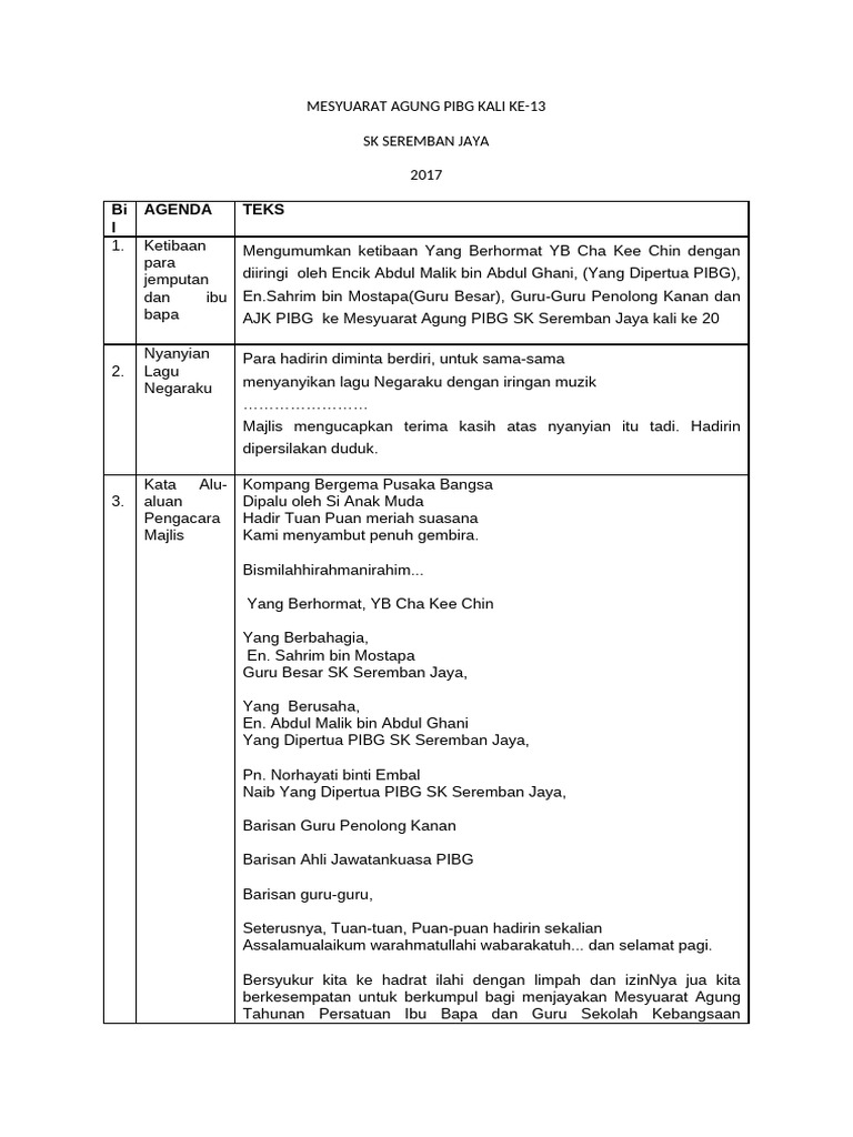 Teks Ucapan Pengacara Majlis Mesyuarat Agung Pibg Ke 20 | PDF