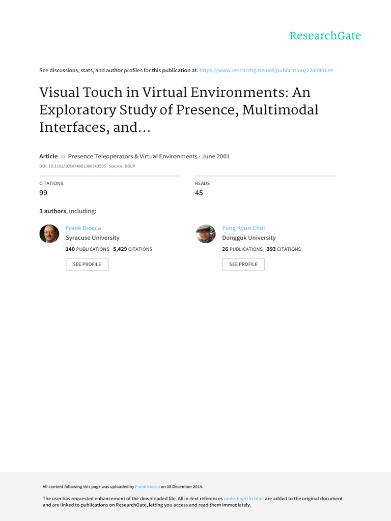 Visual Touch in Virtual Environments | PDF | Perception | Factor Analysis