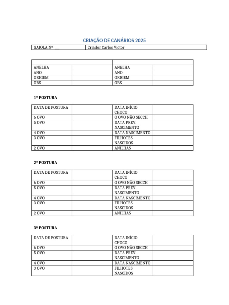 Ficha Criacao Canarios Carlos Victor 2025 Formatada | PDF