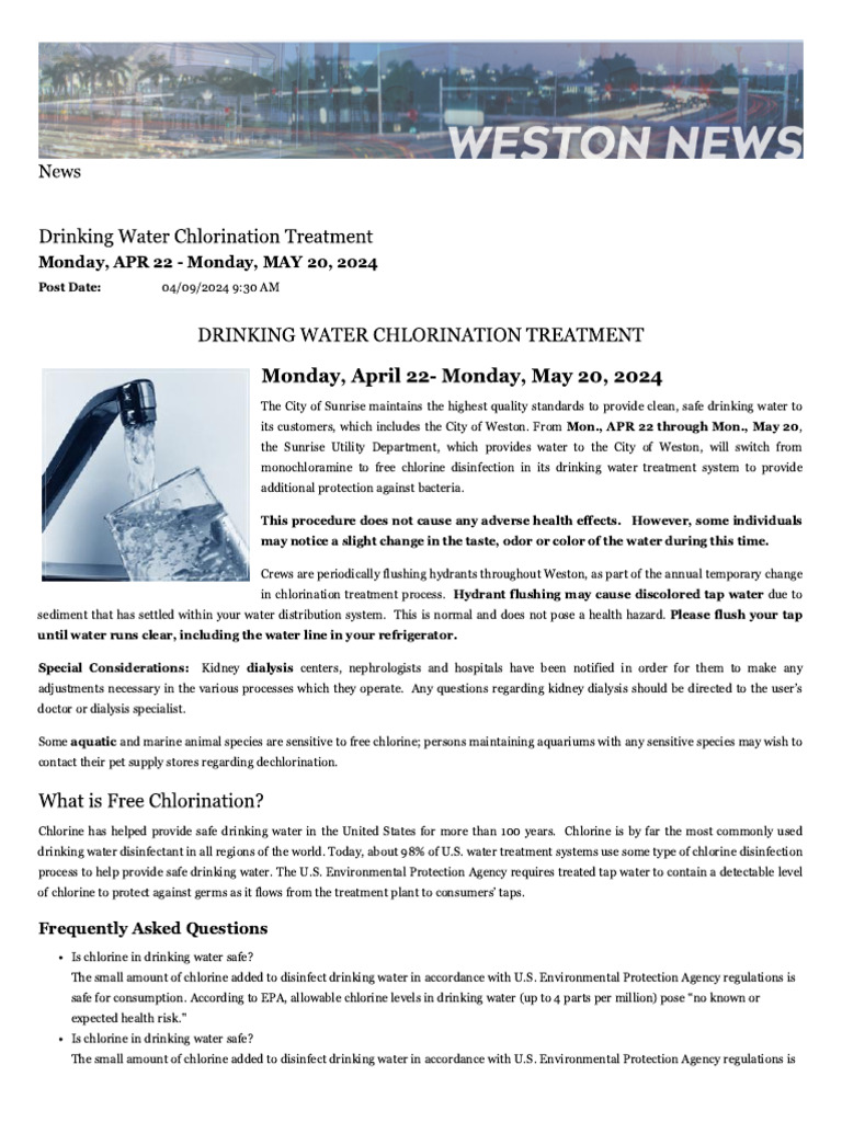 Drinking Water Chlorination Treatment - News - City of Weston FL | PDF