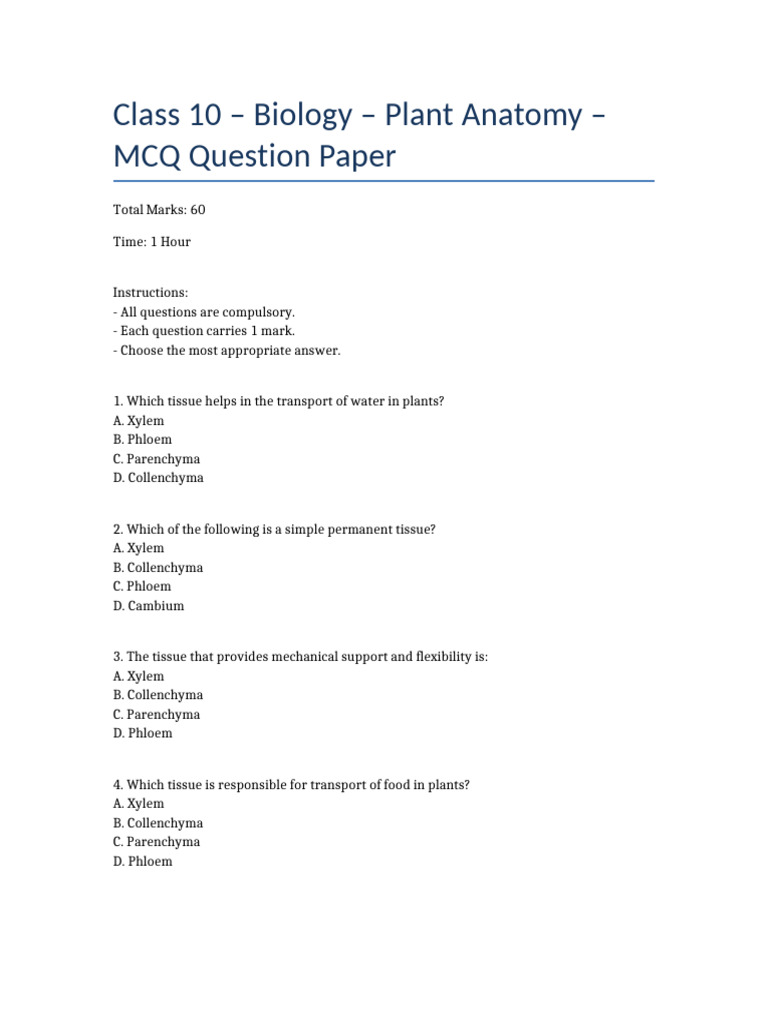 Class 10 Plant Anatomy MCQs | PDF | Tissue (Biology) | Plant Stem