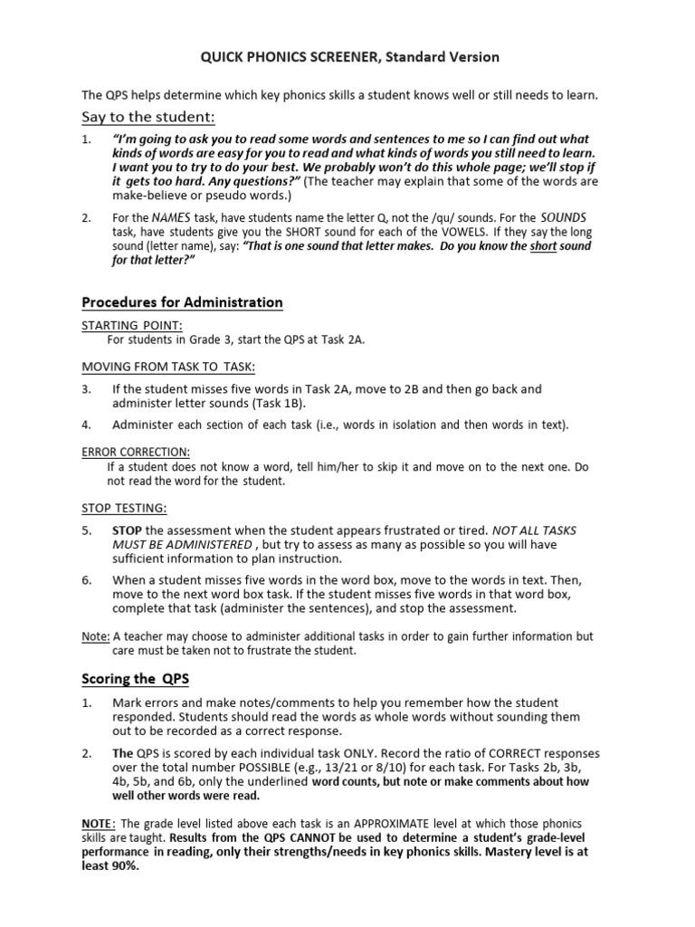 Quick Phonics Screener - Scoring Form | PDF | Phonics | Written ...