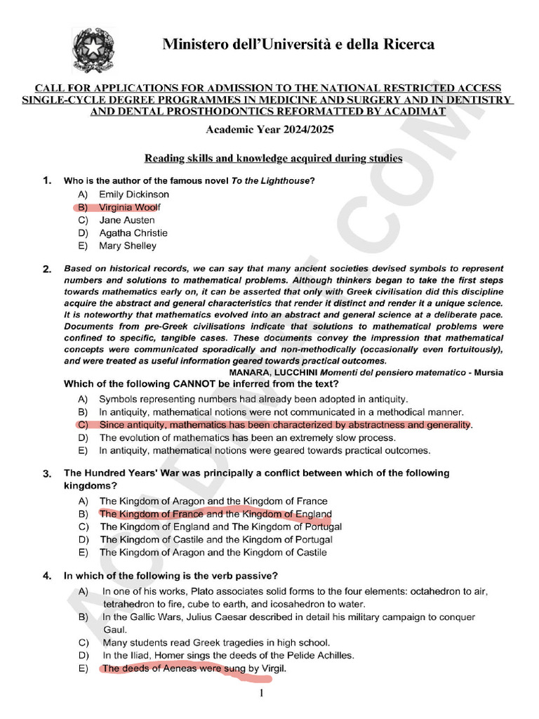 2024 IMAT Exam Shuffled Answers AcadIMAT | PDF