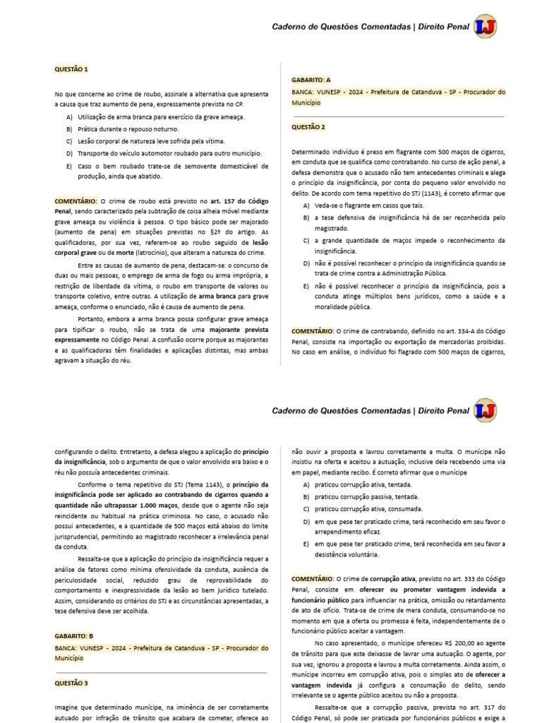 Caderno de Questões Comentada de Direito Penal - Vol.1 | PDF | Roubo ...
