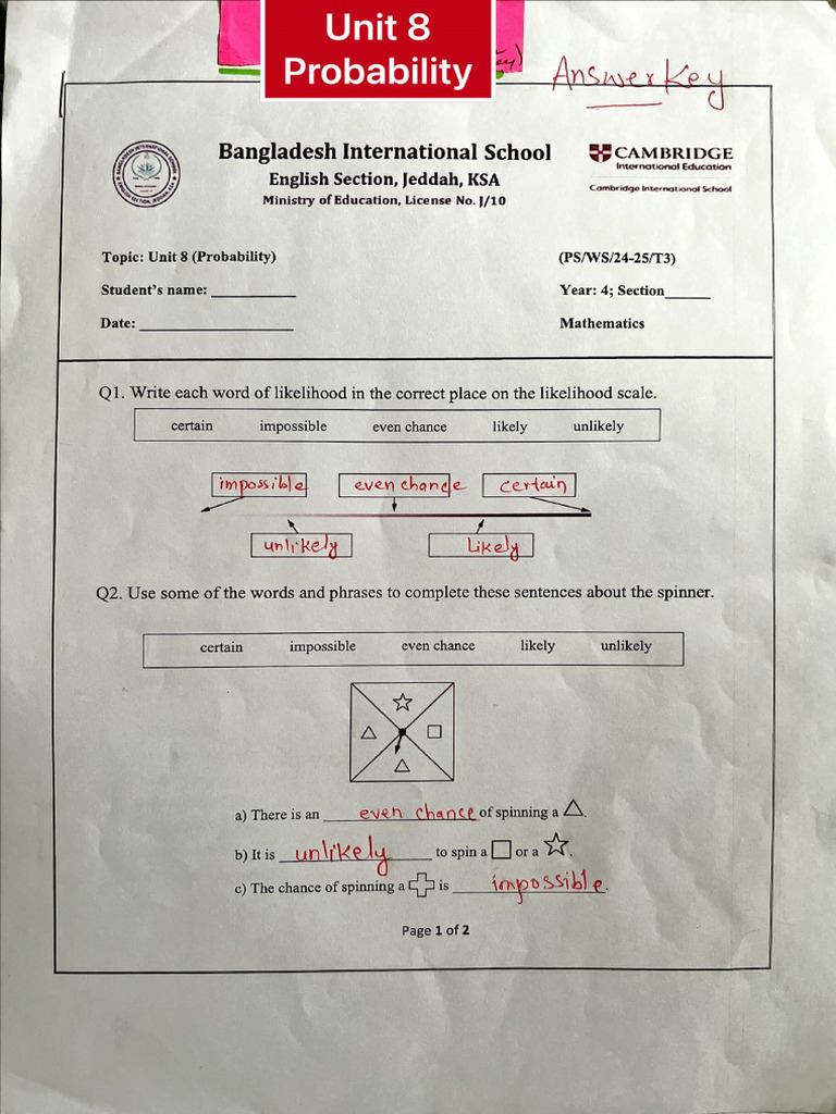 Answer Key Unit 8 Probability Math Yr 4 | PDF