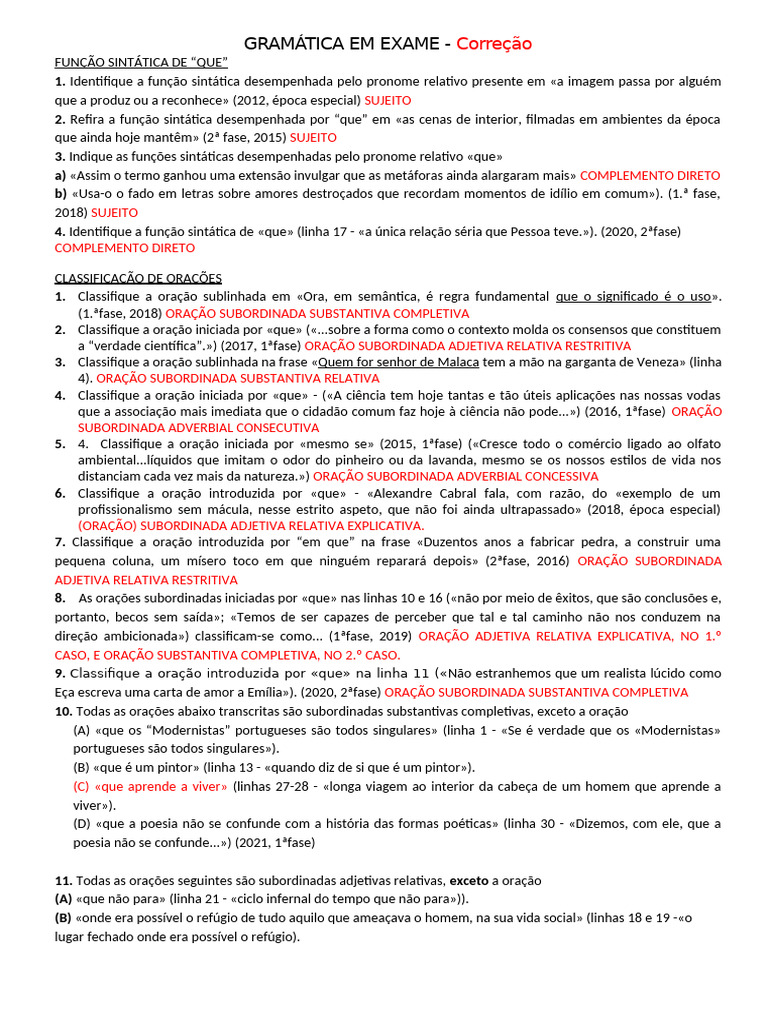 GRAMÁTICA EXAMES Correção | PDF | Pronome | Gramática