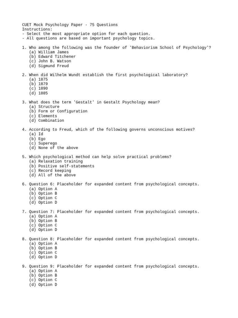 Important CUET Psychology Questions | PDF | Psychology | Psychoanalysis