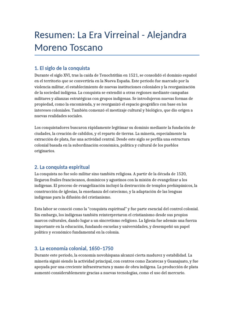 Resumen La Era Virreinal Moreno Toscano | PDF | Nueva españa