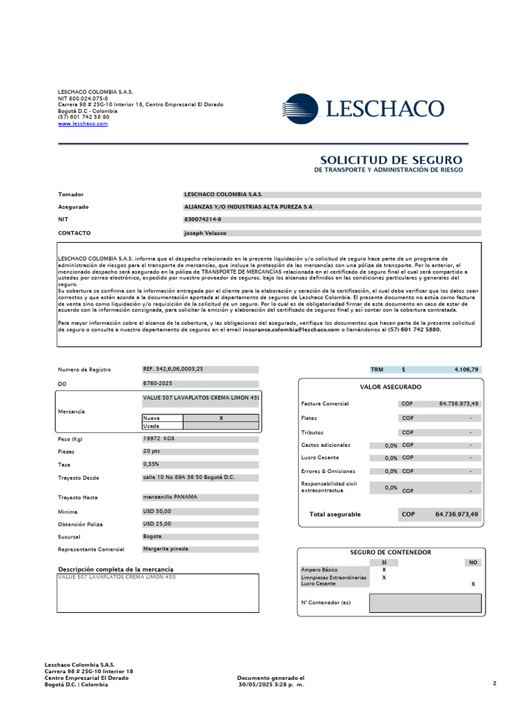 Solicitud de Seguro de Transporte Leschaco | PDF | Póliza de seguros ...