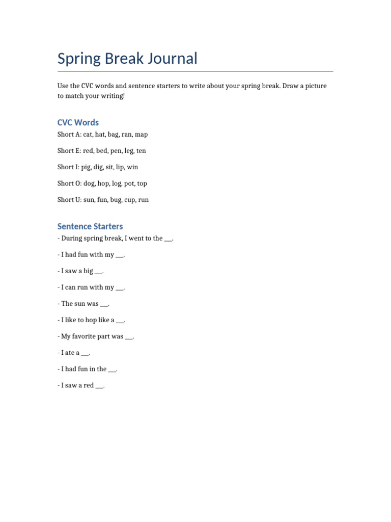 Spring Break Journal Writing Guide | PDF