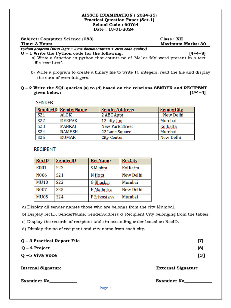 Practical (Aissce) QP Set1 Cs 083 | PDF