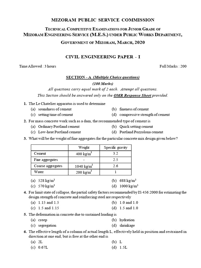 MES Civil Engineering Exam Paper 2020 | PDF | Bending | Stress (Mechanics)