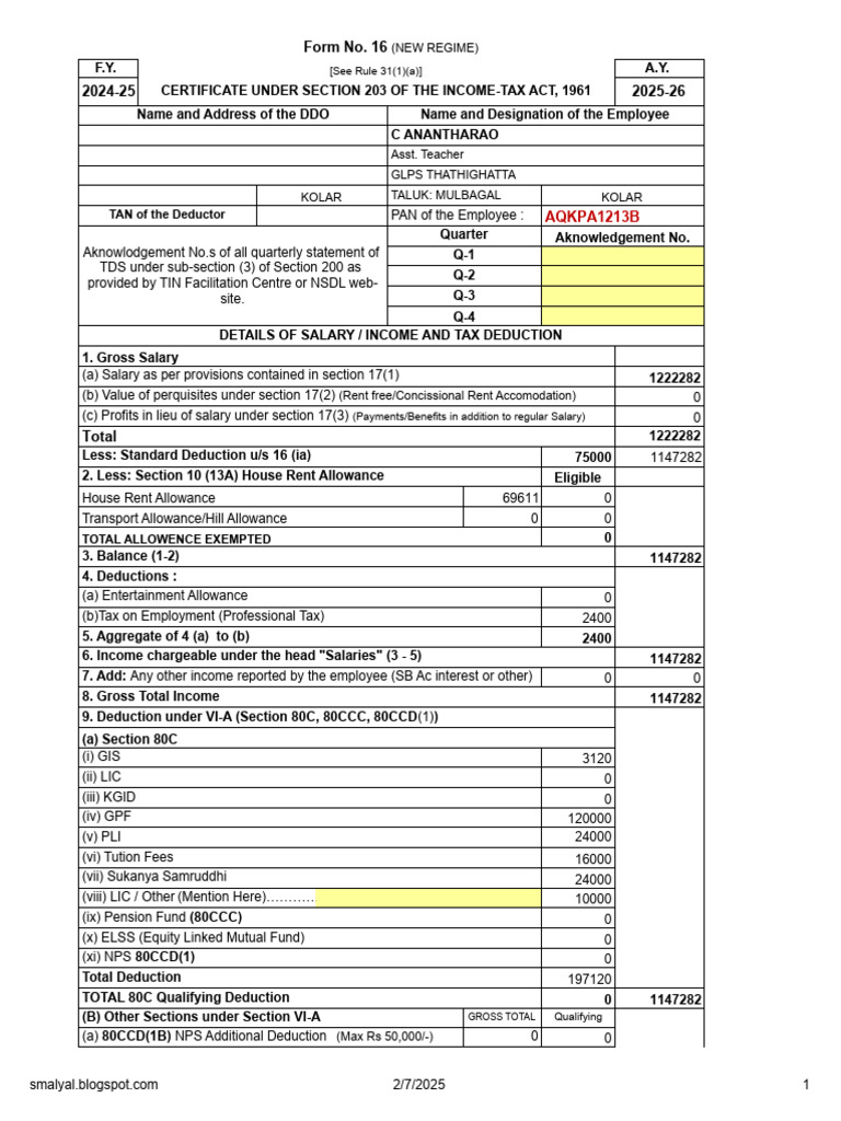 Document From K MAHAMAD BHASHA - Form16 NEW REGIME | PDF | Taxes | Employee Benefits