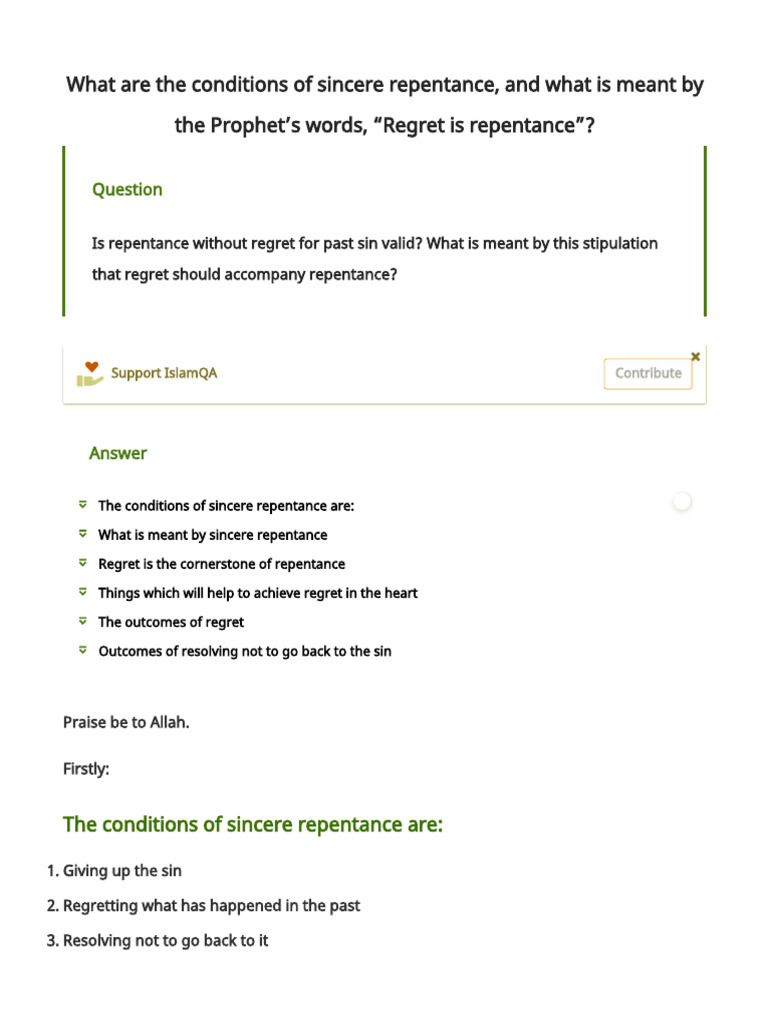 Conditions of Sincere Repentance Explained | PDF | God In Islam ...