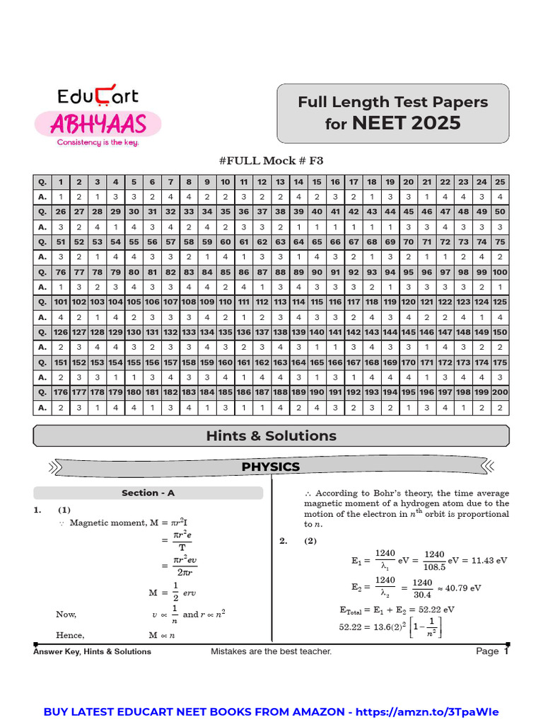 2025 Neet Abhyaas f3 Solution | PDF | Refractive Index | Classical Mechanics