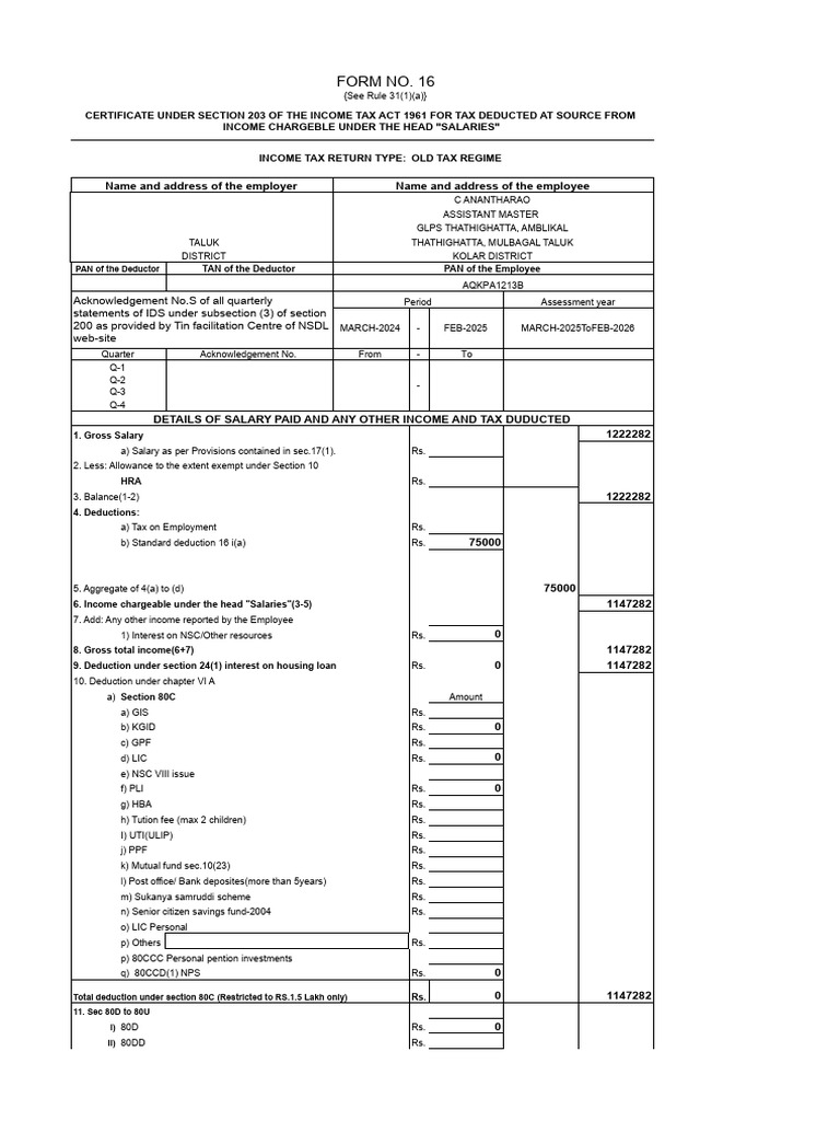 Ramegowda S B Tax 2024 25.Xlsm Form 16 or | PDF | Personal Finance | Economies